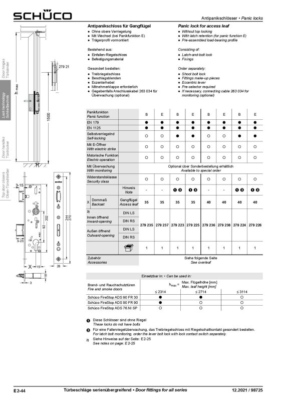 279236 Schüco RF-Panikschloss B 1821 B 40/92/9 F270x28 RV:3mm, 227,75 EUR