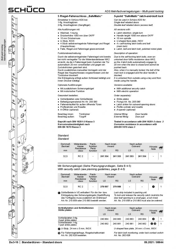 Mehrfachverriegelung , Schüco ADS MFV 5-RF-Schloss "SafeMatic" 32,5/92/10 U24 ohne Panik RS n.i ...